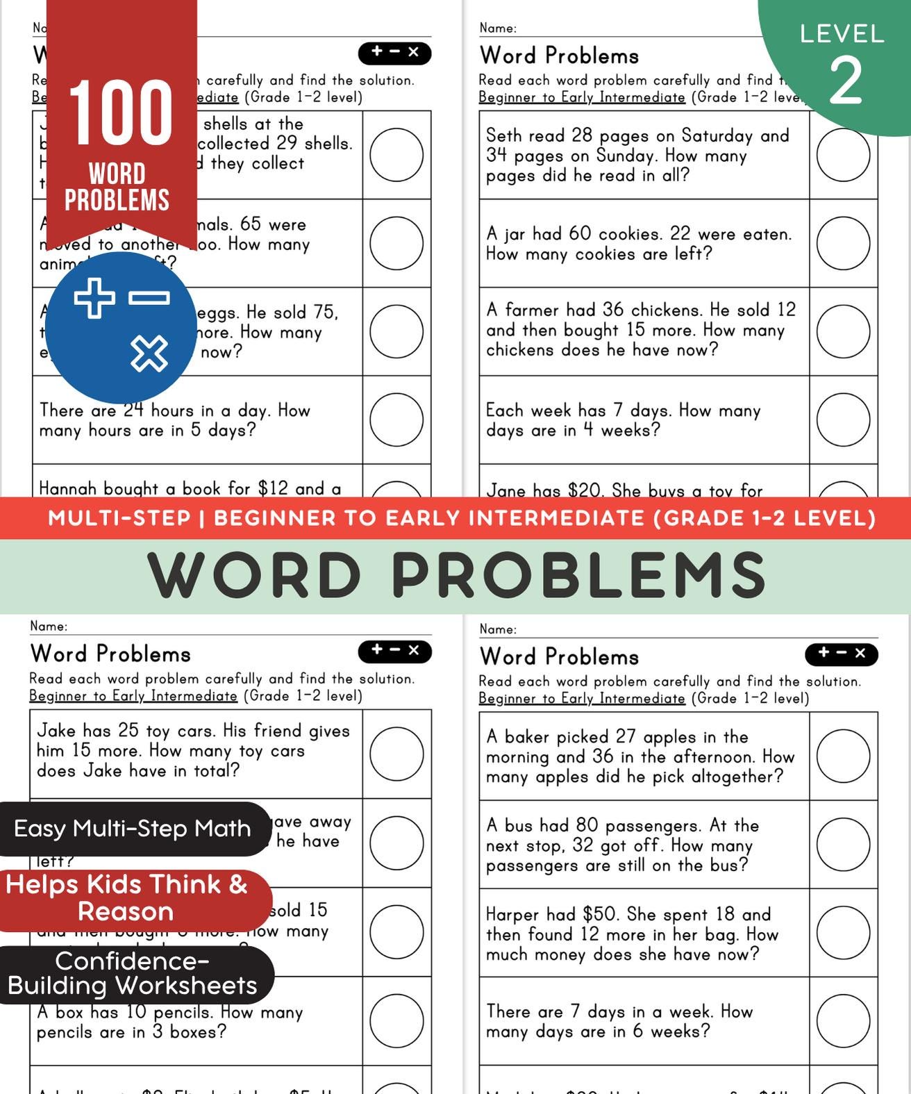 Math Word Problems Worksheets for Grade 1-2 | Addition, Subtraction ...