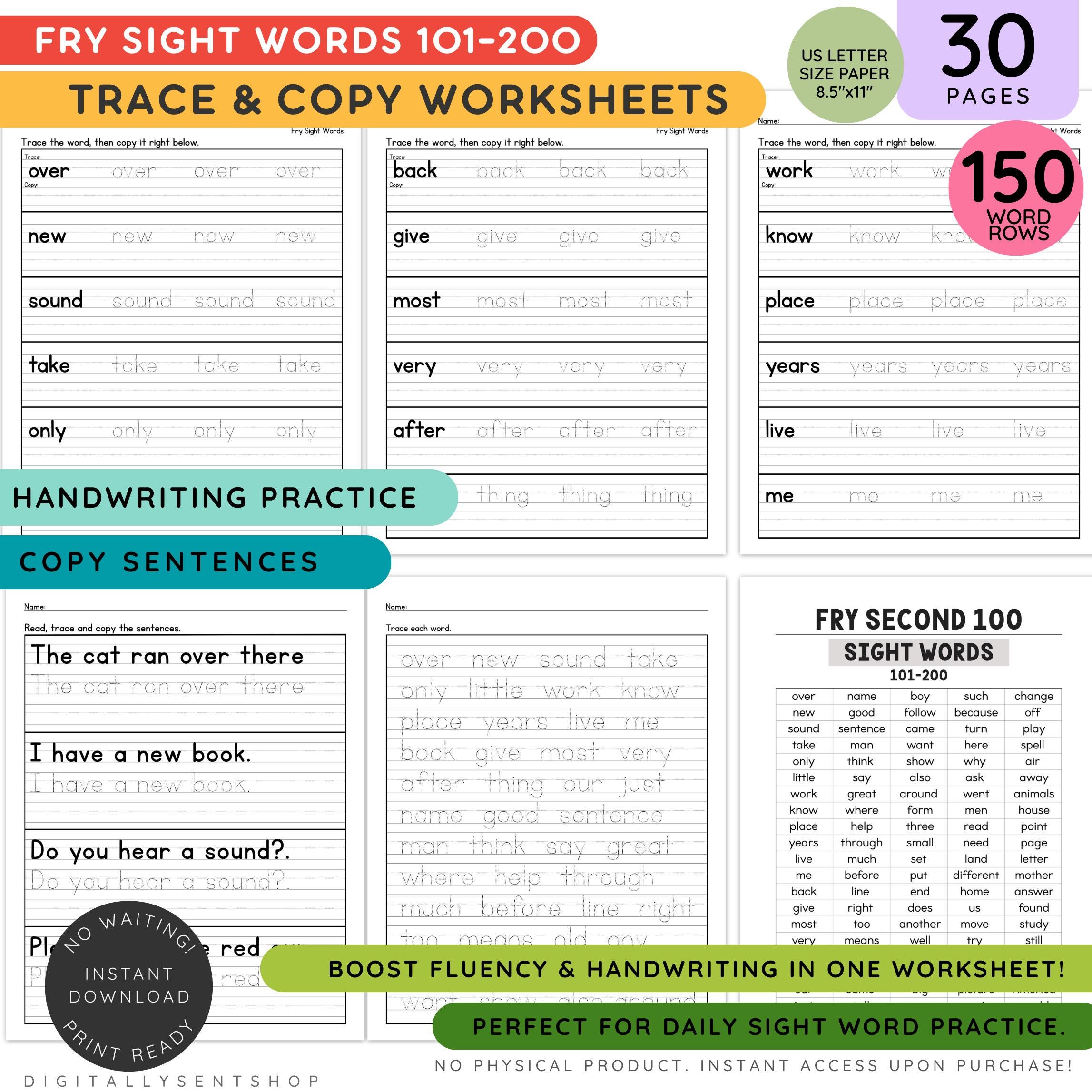 30 Pages Fry Second 100 Sight Words (101-200) Trace & Copy Worksheets ...