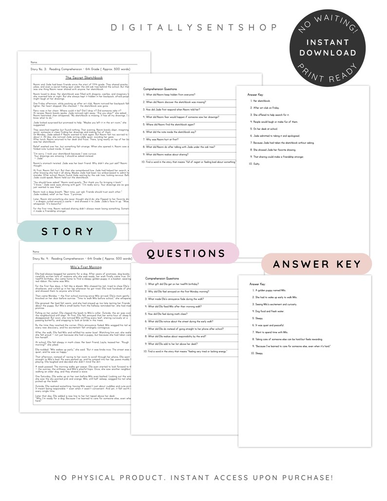 6th Grade Reading Comprehension Stories: Homeschool PDF Worksheets - Etsy