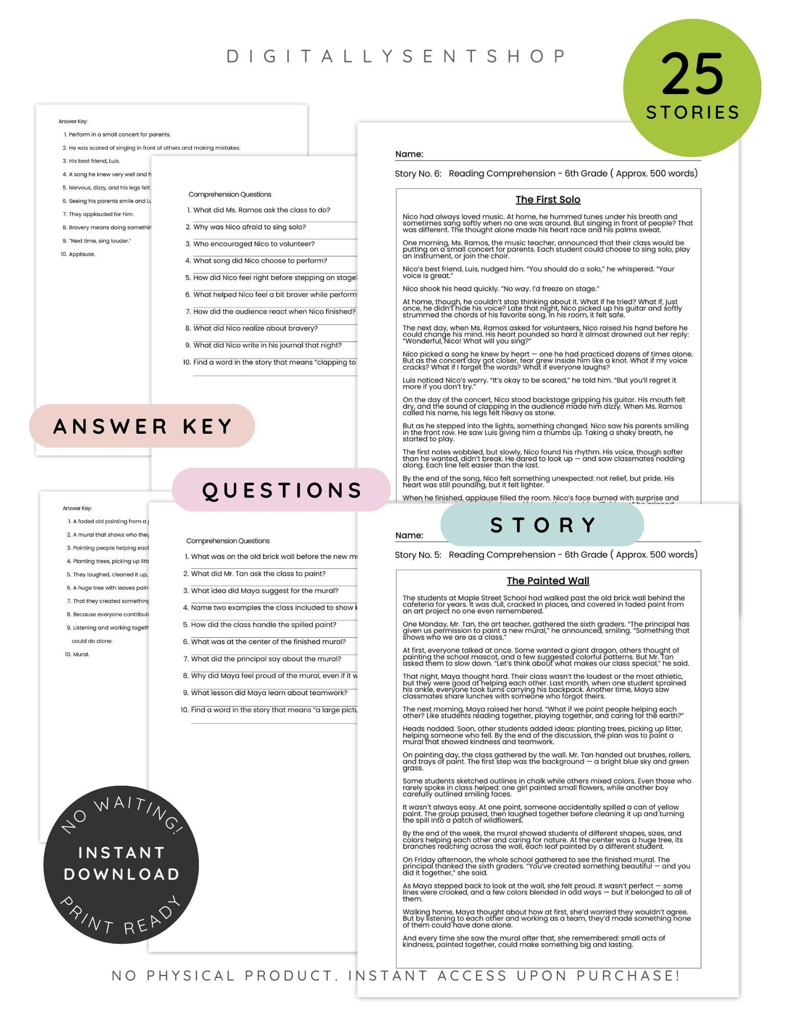 Reading Comprehension Grade 6 Set 2 | 25 Stories With Questions ...