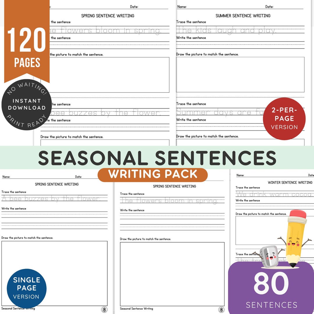 80 Seasonal Sentence Writing + Drawing Worksheets | Year Round Writing ...