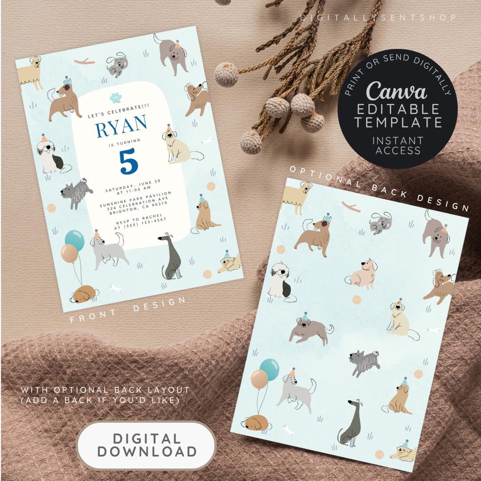 Editable 5x7 Dog Puppy Birthday Invitation Canva Template | Cute Dogs ...