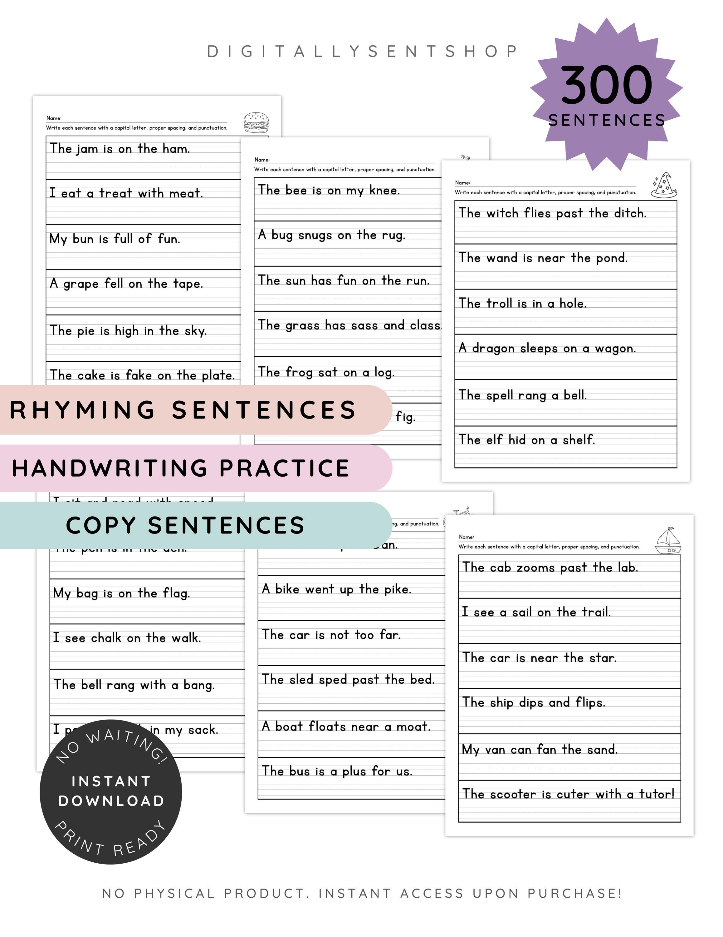 300 Rhyming Sentences Writing and Handwriting Practice, Copy the ...