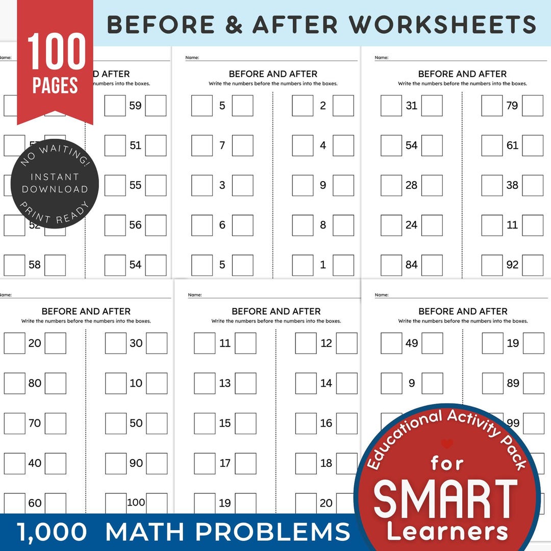 1000 Problems Before & After Numbers Worksheets (1–100) | Kindergarten ...