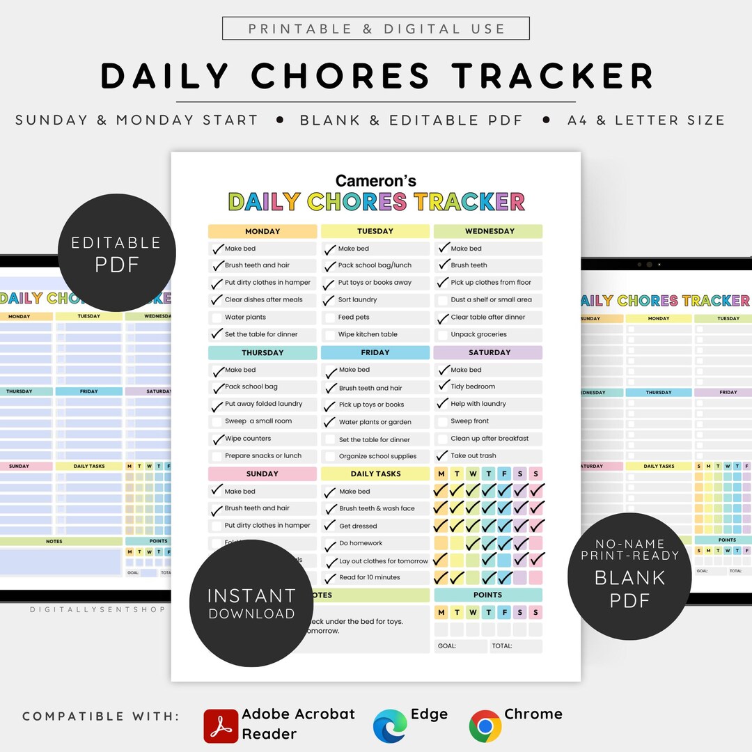 Fillable Chore Chart for Kids | Editable Daily Tracker | Daily Routine ...