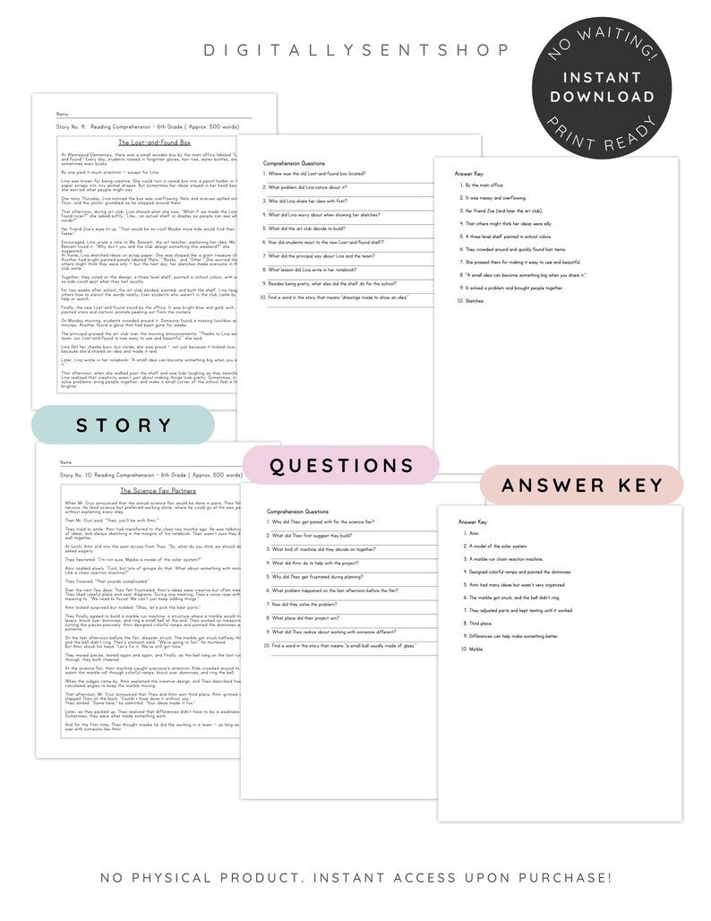6th Grade Reading Comprehension Stories: Homeschool PDF Worksheets - Etsy