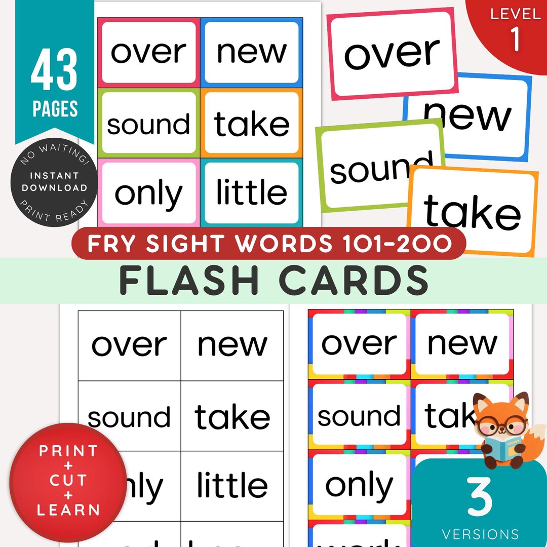 40 Pages Fry Second 100 Sight Words (101-200) Flash Cards, Print + Cut ...