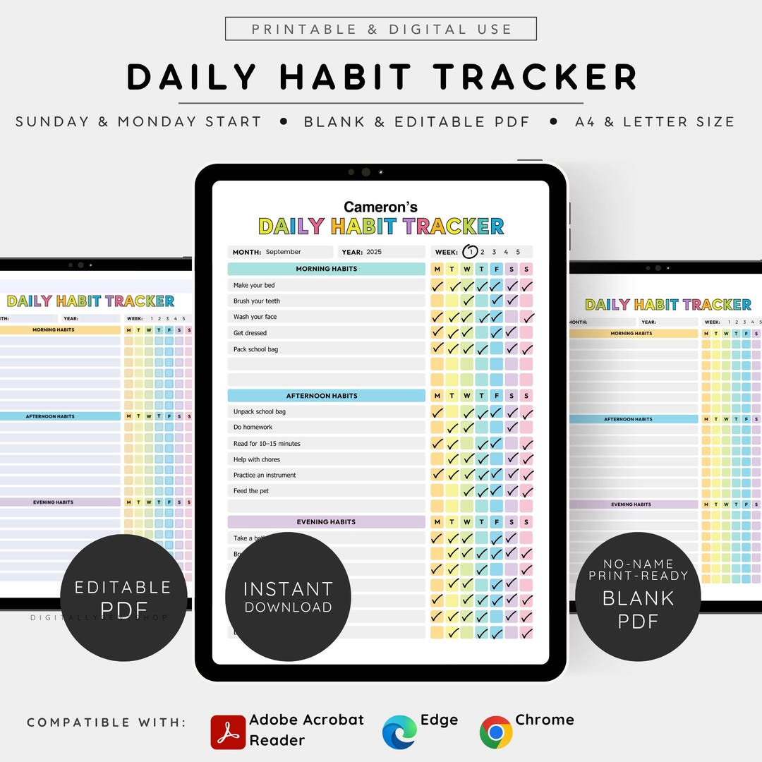 Fillable Daily Habit Tracker for Kids | Printable Daily Habit | Daily ...