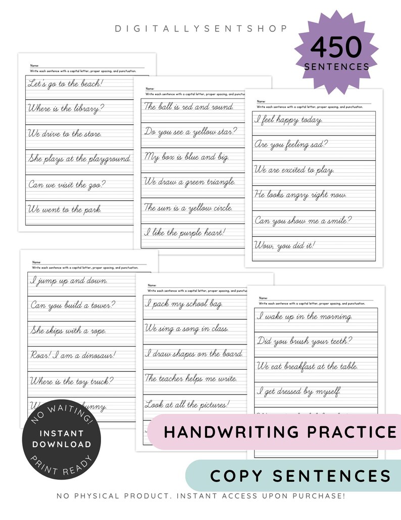 450 Cursive Sentence Writing Worksheets Bundle | Handwriting Practice ...