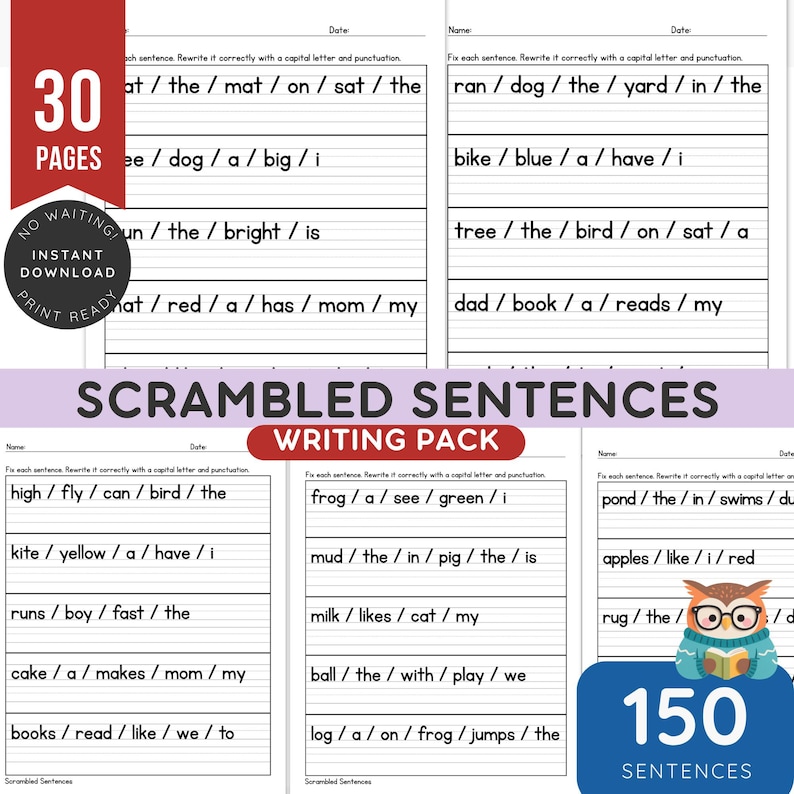 150 Scrambled Sentence Worksheets | Sentence Building Practice | Read ...