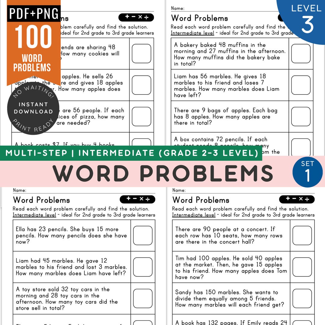 100 Math Word Problems Worksheets | 2nd & 3rd Grade | Addition ...