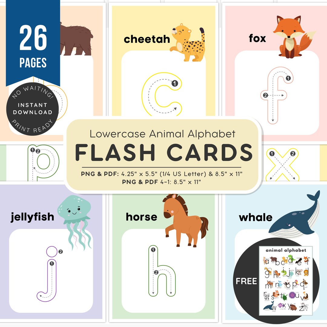 Lowercase Alphabet Animal Flashcards and Tracing Cards | Toddlers and ...