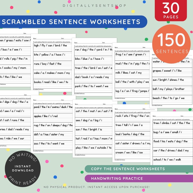 150 Scrambled Sentence Worksheets | Sentence Building Practice | Read ...