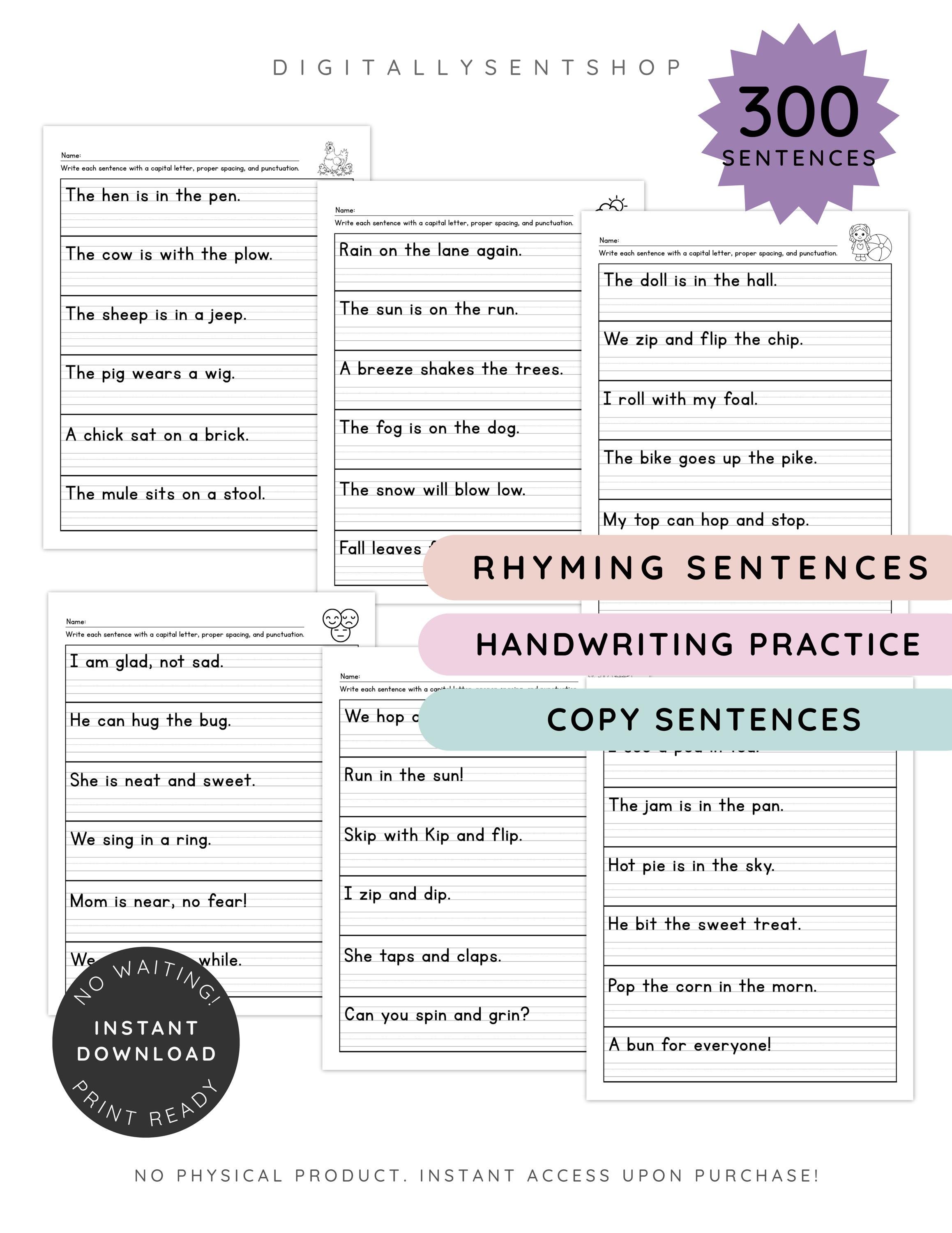 300 Rhyming Sentences Writing and Handwriting Practice, Copy the ...