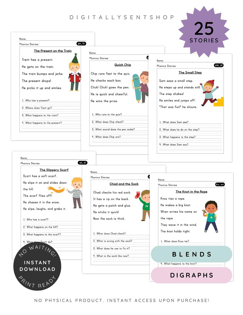 Blends & Digraphs Reading Comprehension Pack Set 3, 25 Stories, Reading ...