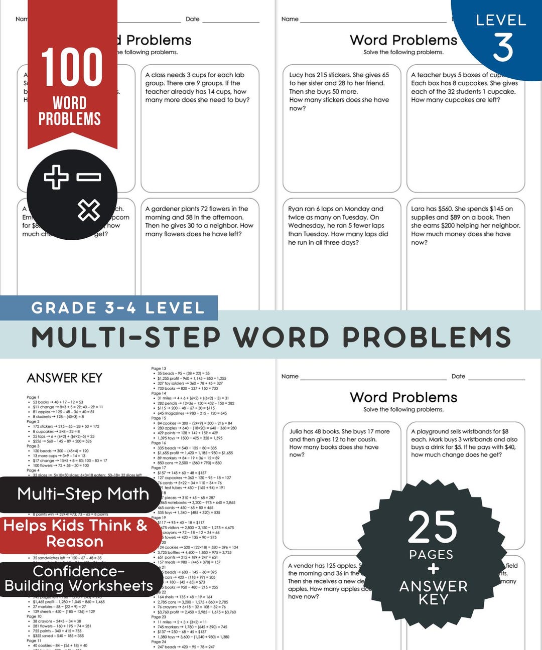 Mixed Multi-step Math Word Problems 100 Worksheets | 3rd & 4rd Grade ...