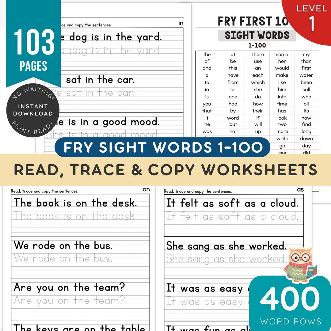 400 Word Rows Fry First 100 Sight Words (1-100) Read, Trace & Copy ...