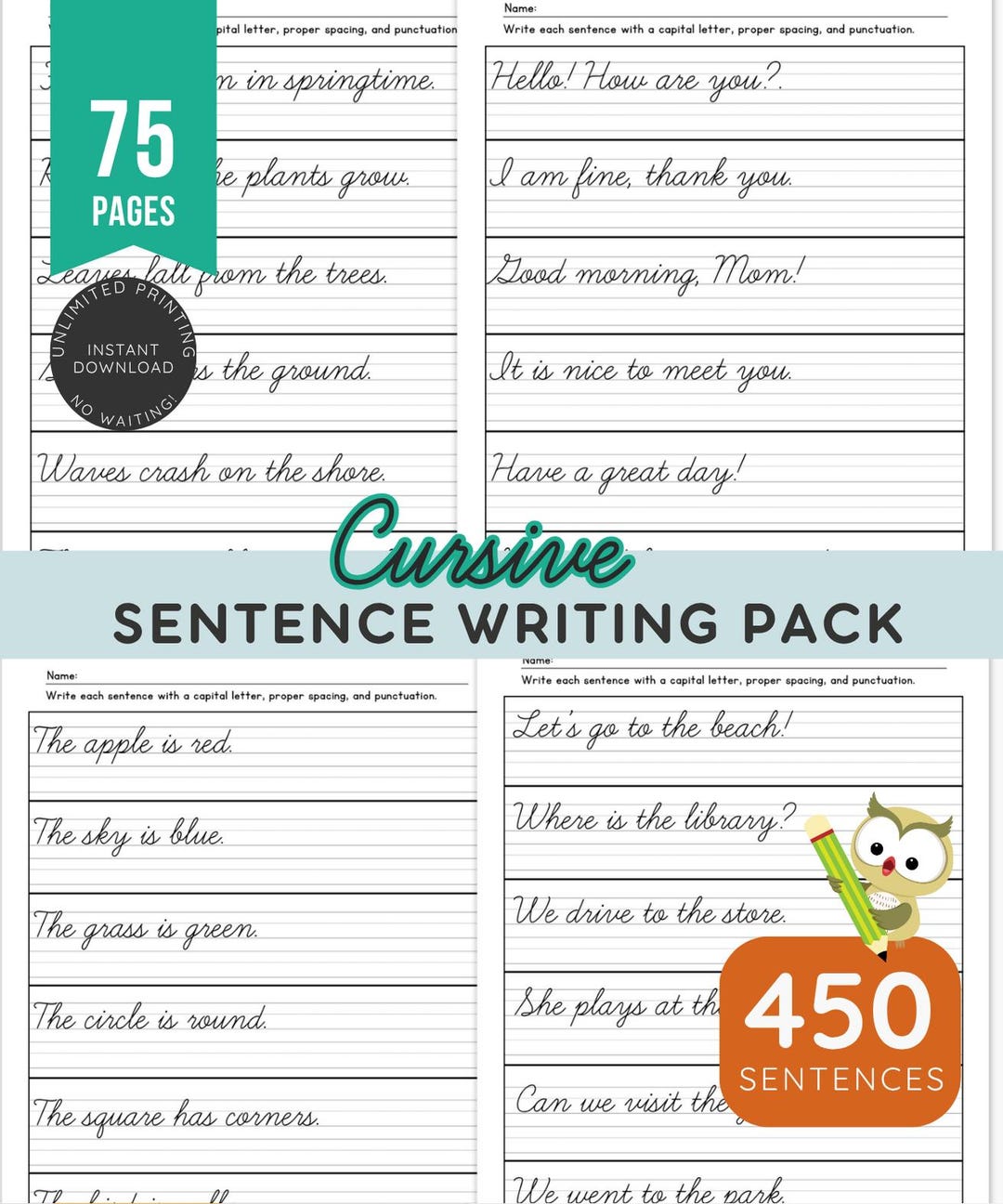 450 Cursive Sentence Writing Worksheets Bundle | Handwriting Practice ...