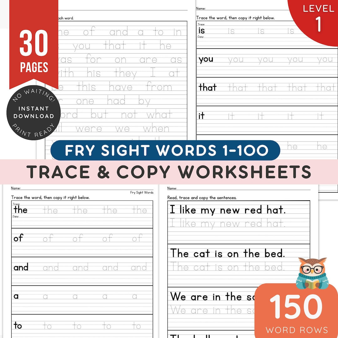 150 Word Rows Fry First 100 Sight Words (1-100) Trace & Copy Worksheets ...