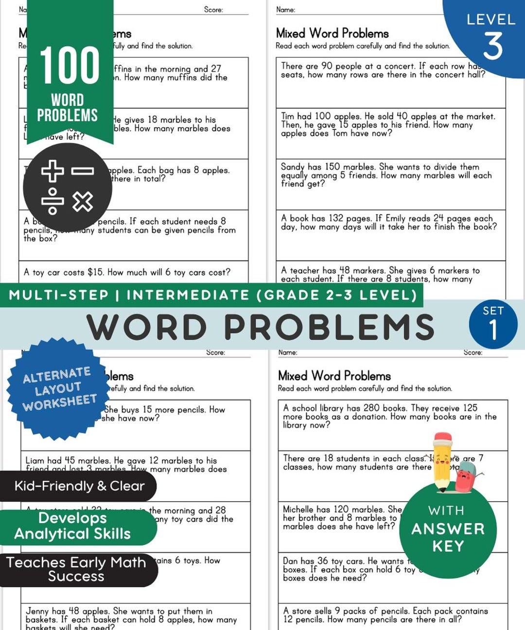 100 Math Word Problems Worksheets - Alternative Layout | 2nd & 3rd ...