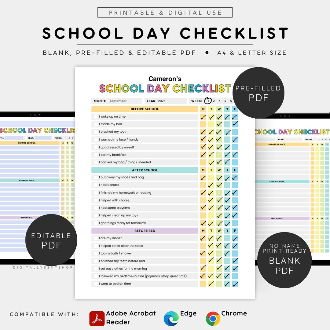 Fillable School Day Checklist | Editable Daily Chart | Daily Routine ...