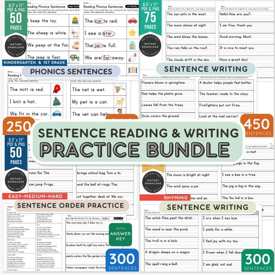 1,300 Sentence Writing & Reading Practice Worksheets | 4-in-1 PDF ...