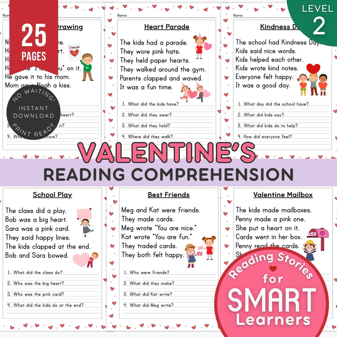 Valentine's Reading Comprehension + Easy Questions | 25 Short Stories ...