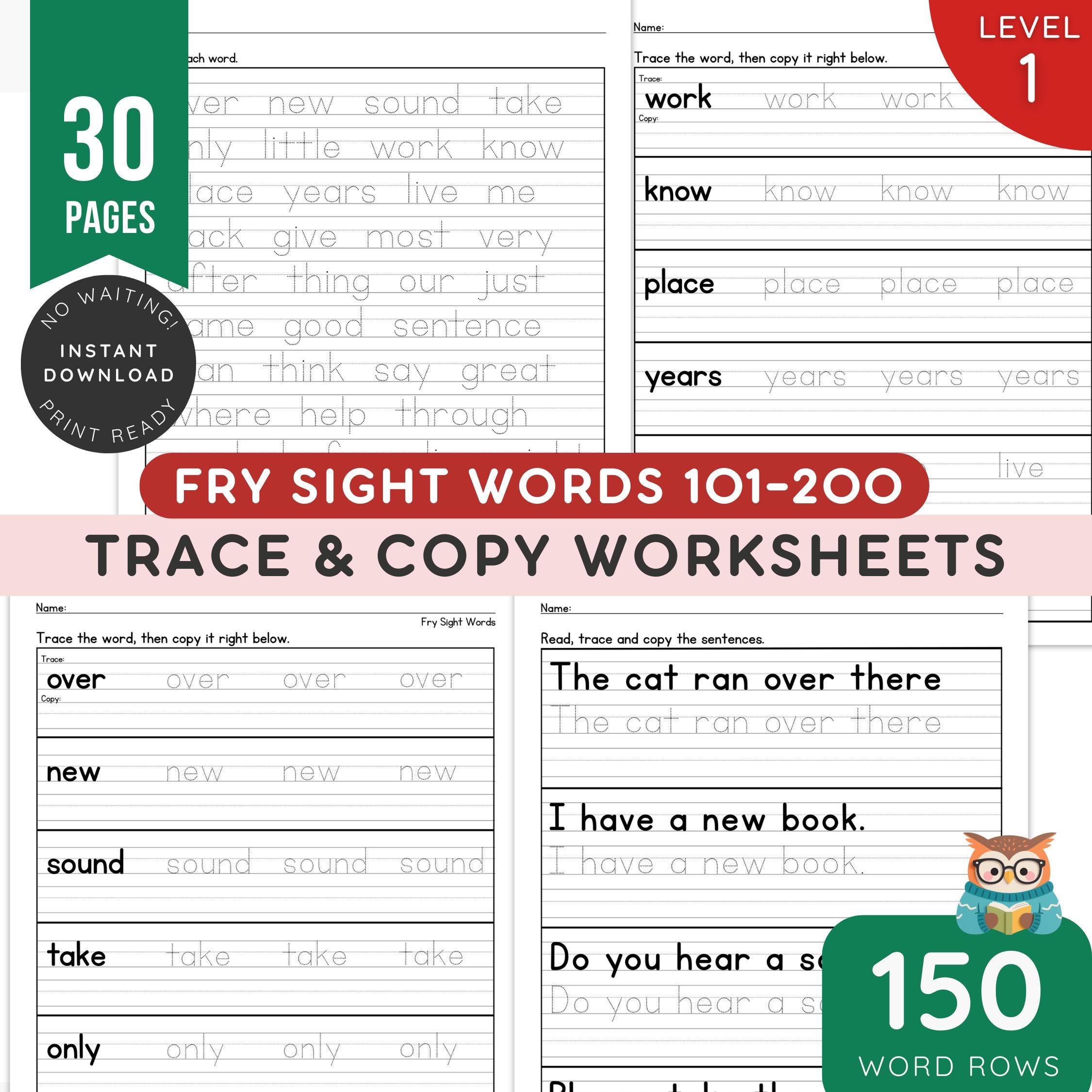 30 Pages Fry Second 100 Sight Words (101-200) Trace & Copy Worksheets ...