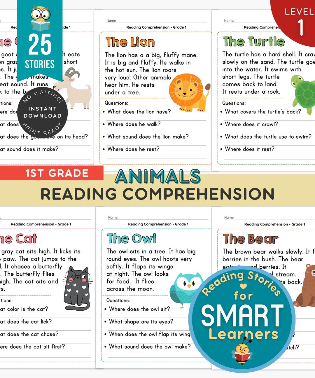 Animal Reading Comprehension Worksheets Kindergarten & Grade 1, 25 ...