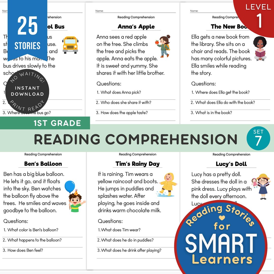 Reading Comprehension 25 Stories Kindergarten + 1st Grade Worksheet ...