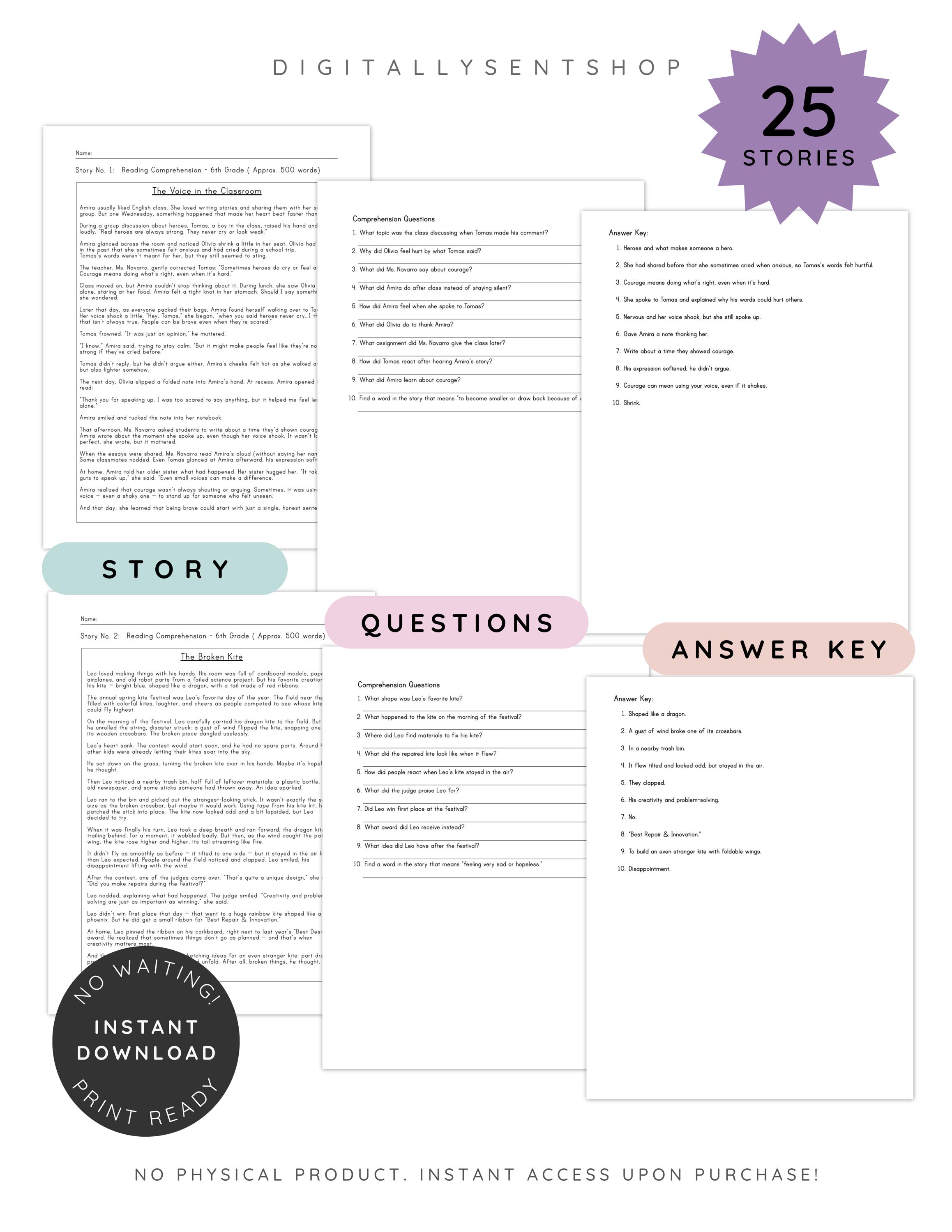 6th Grade Reading Comprehension Stories: Homeschool PDF Worksheets - Etsy
