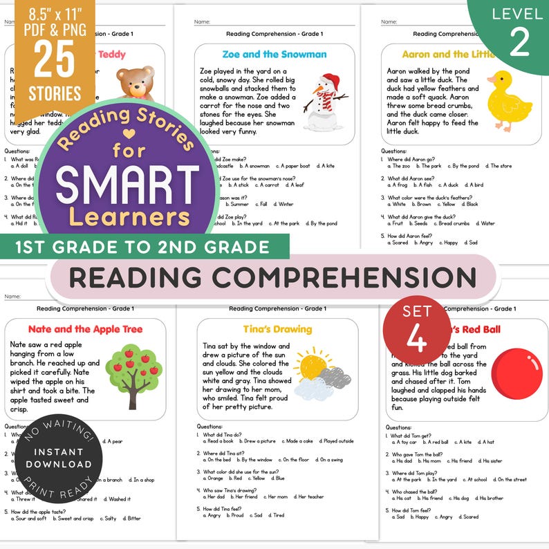 125 Short Stories for Grade 1 | Reading Comprehension Bundle PDF & PNG | 5 ZIP Files, Printable ...