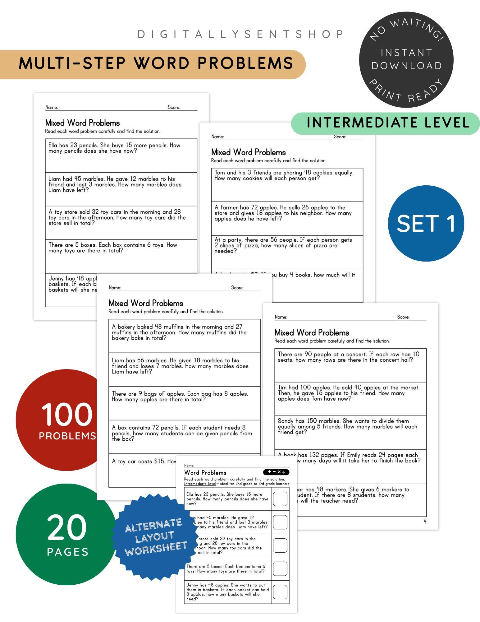 100 Math Word Problems Worksheets - Alternative Layout | 2nd & 3rd ...