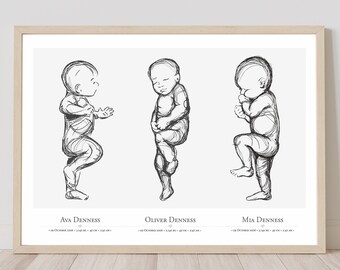 Trio Baby Poster Cusomized Birth Poster Siblings Birth Poster Birth ...