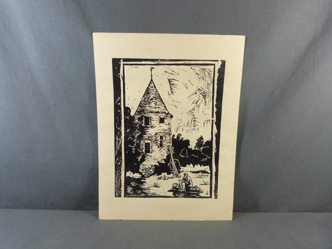 Original Linocut: Man Seated at the Foot of a Tower, Signature to Be ...