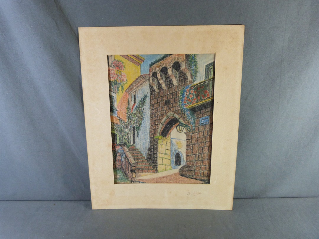 Colored Pencil Drawing Signed B. Brisler Representing a Medieval Alley ...