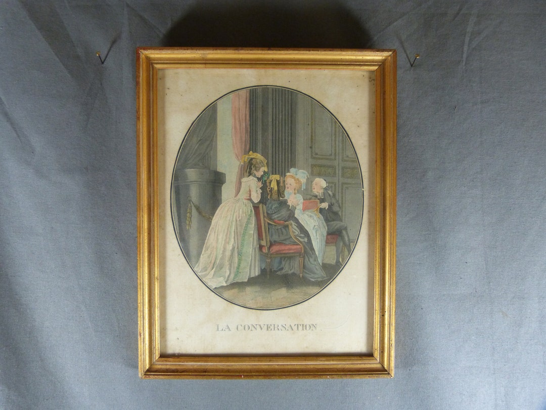 French Lithograph Engraving in Color Genre Scene 