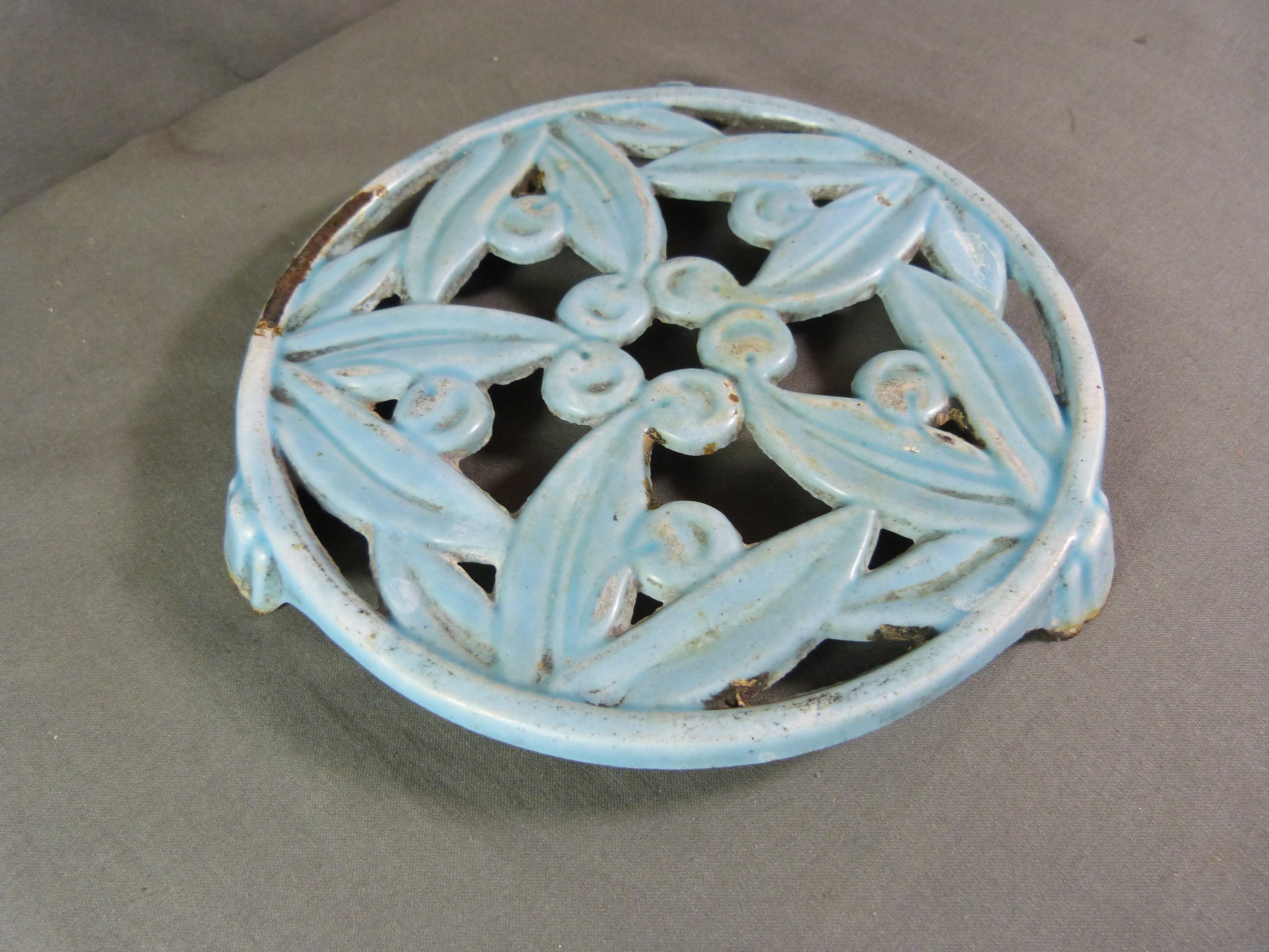 French Vintage Massive Cast Iron Enamel Blue Trivet - Etsy
