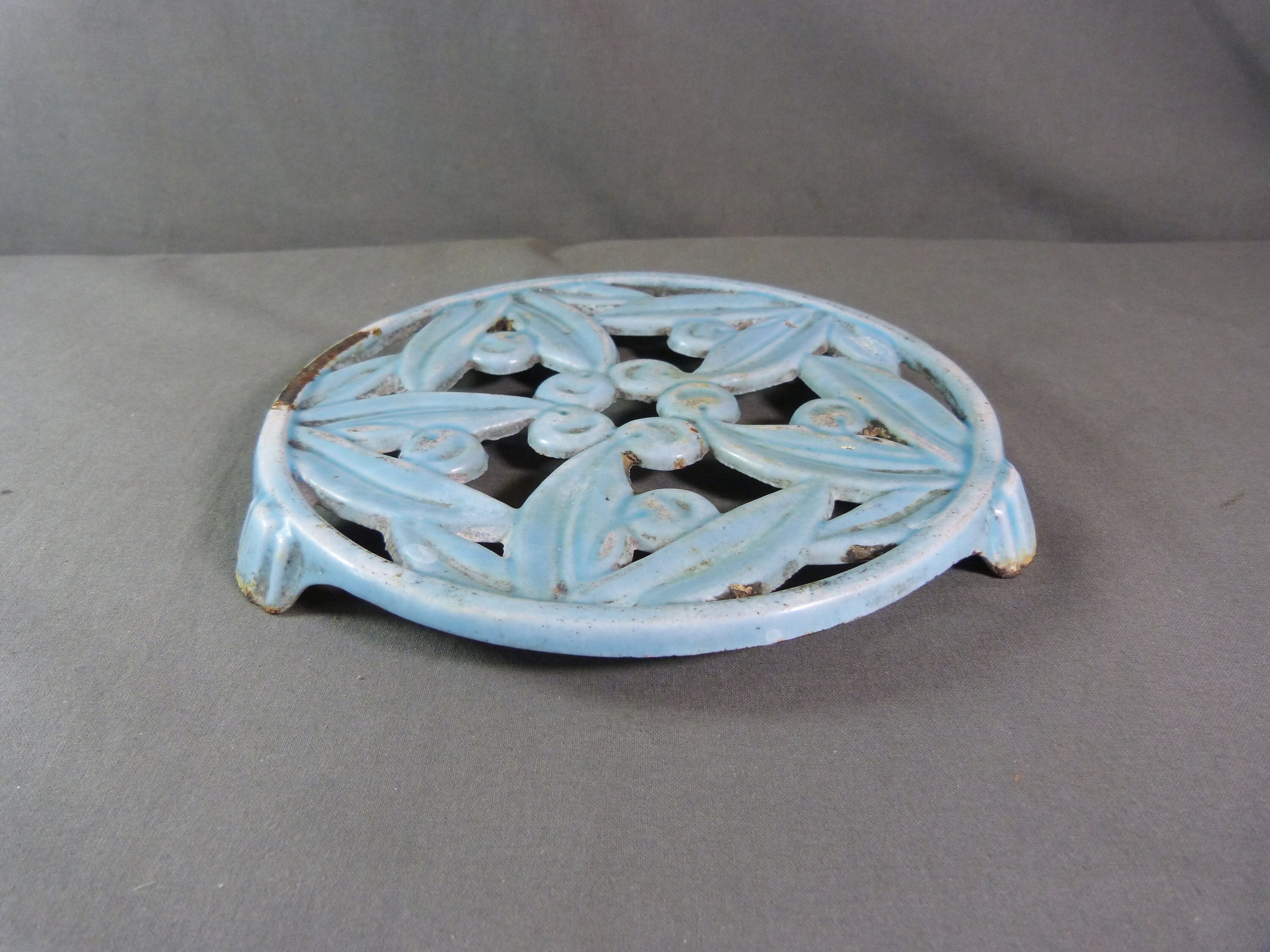 French Vintage Massive Cast Iron Enamel Blue Trivet - Etsy