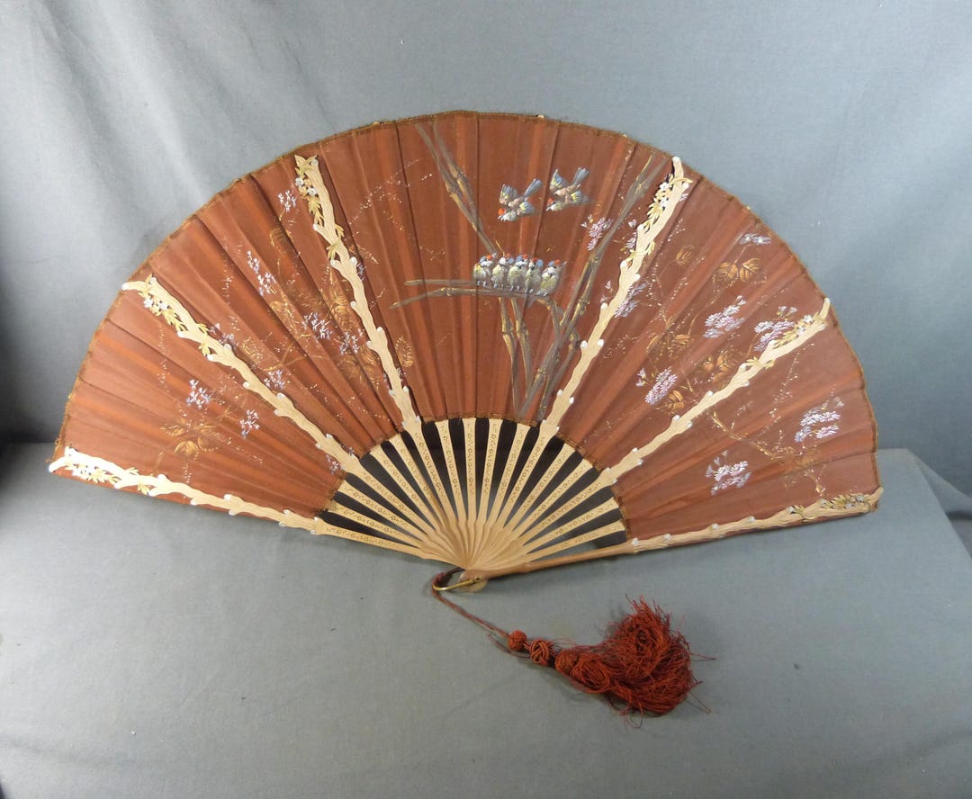 Silk Fan, Carved Wood, Painted With Birds, With 18 Ribs, Circa 1890 ...