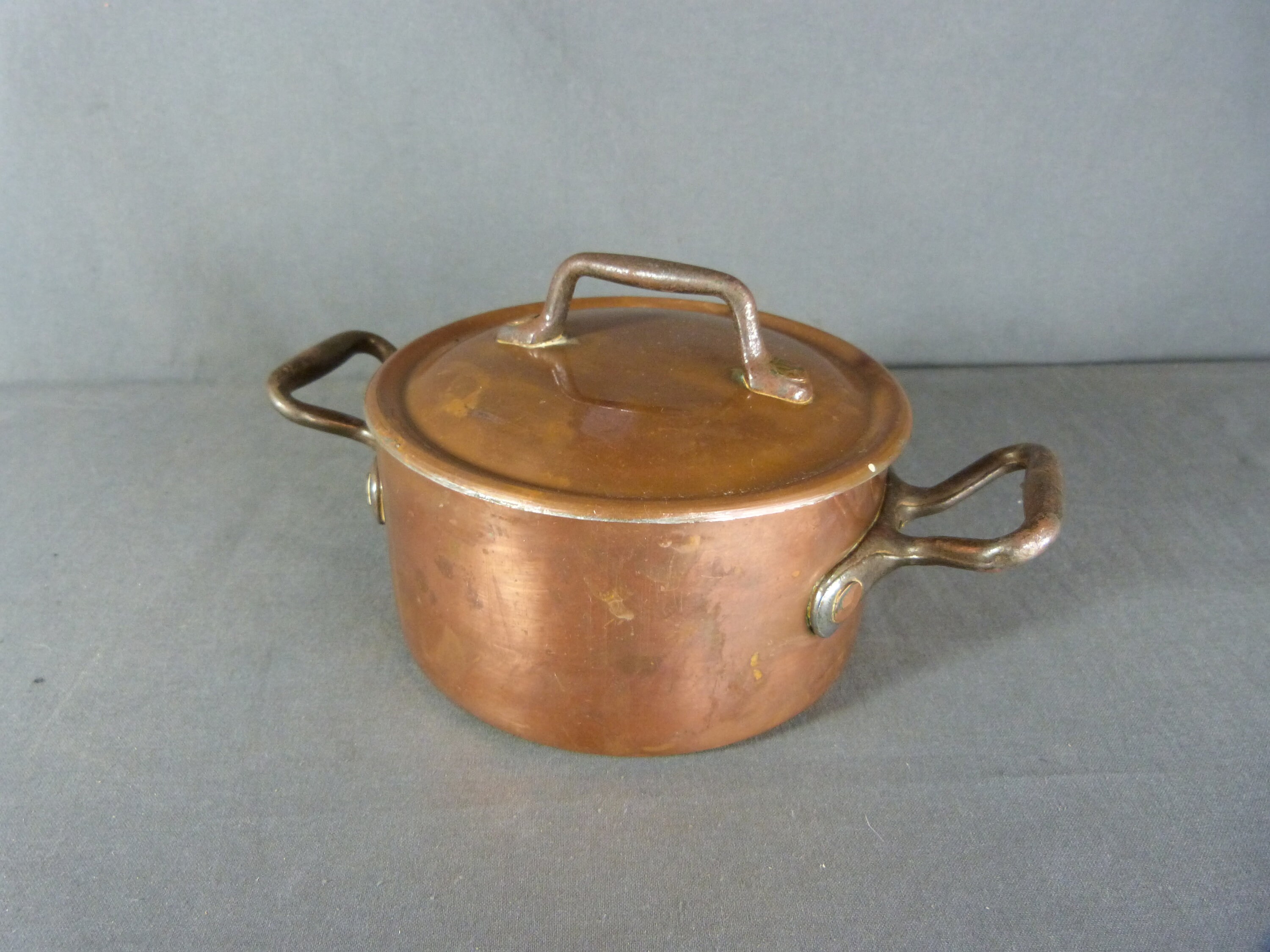 Small French Vintage Copper Rondeau Stock Pot Stew Pan Cast Iron Handle ...