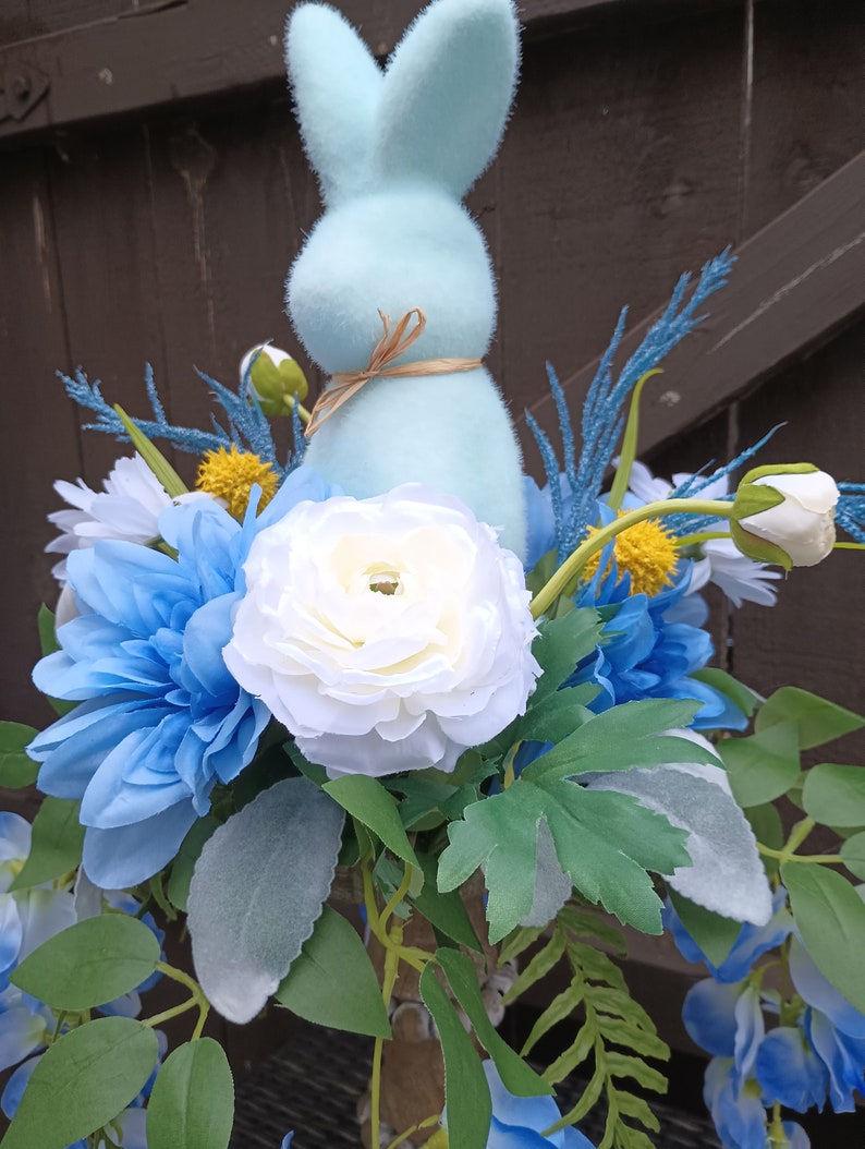 Flocked Spring Easter Bunny Tall Candlestick Mantle Arrangement, Blue ...