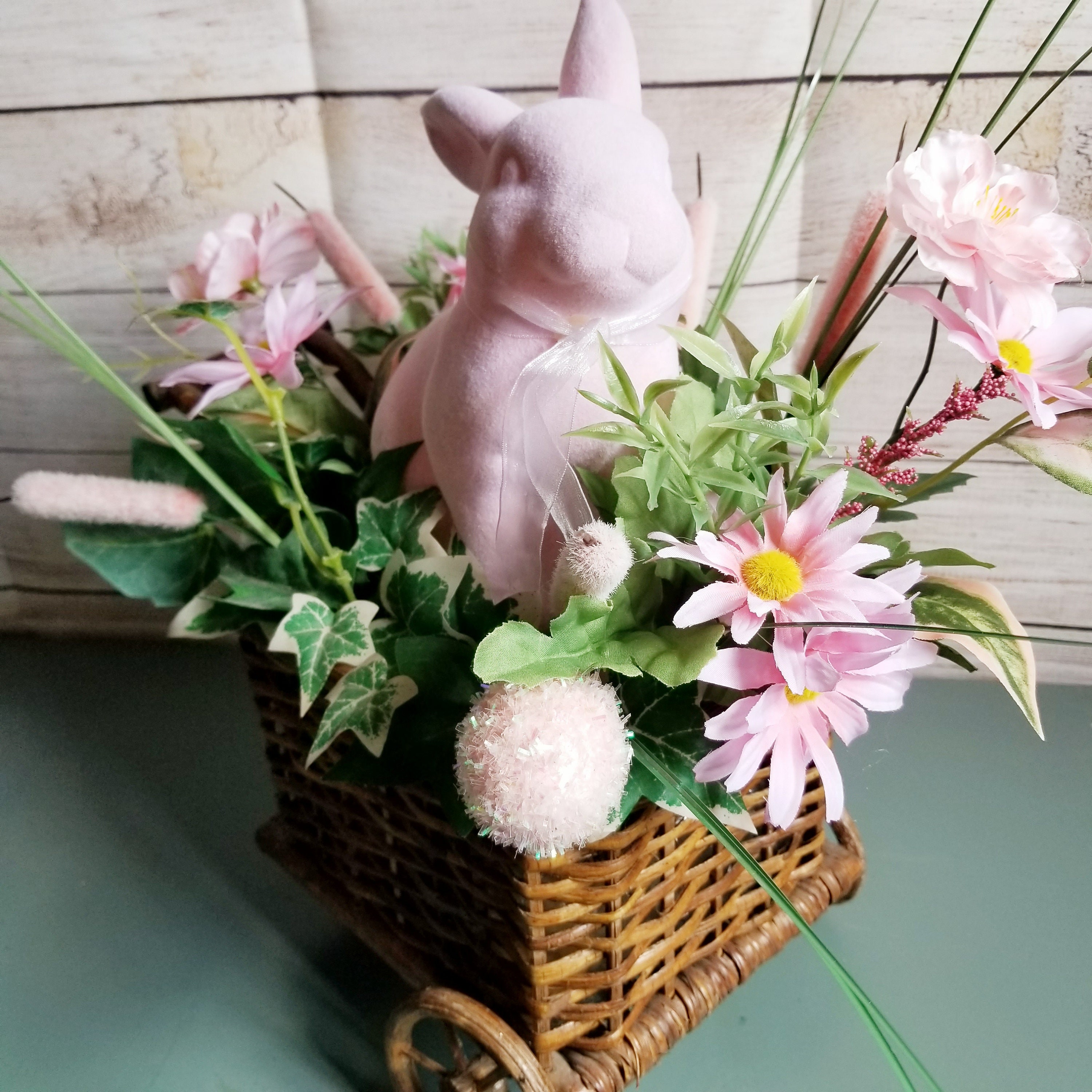 Vintage Flocked Pink Rabbit in Wicker Wheelbarrow Arrangement, Easter ...