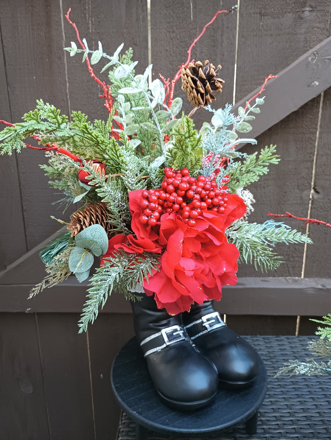 Santa Boots Christmas Floral Arrangement, Holiday Entryway Centerpiece ...