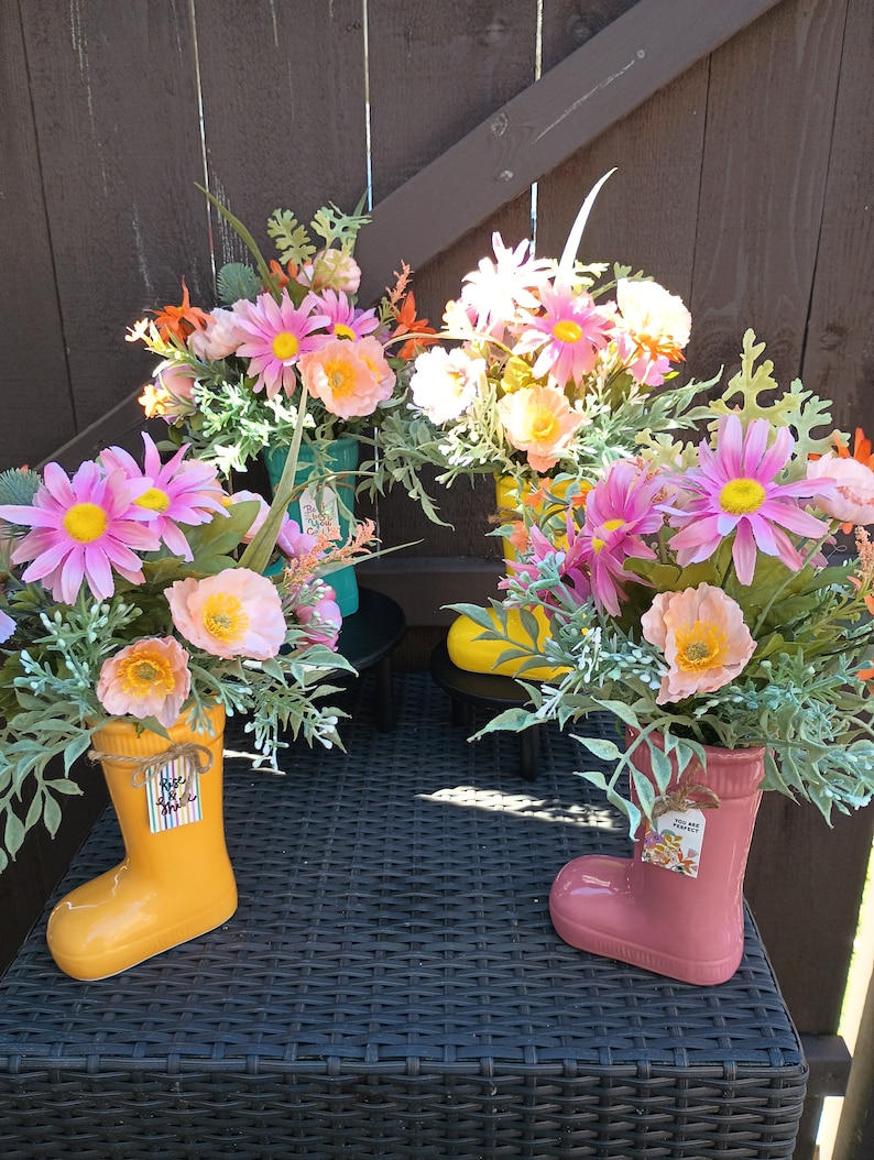 Welcome Spring Cheer Mini Rainboot Planter - Colorful Faux Floral ...