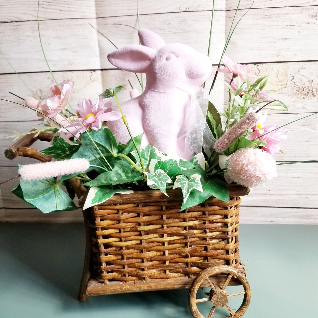 Vintage Flocked Pink Rabbit in Wicker Wheelbarrow Arrangement, Easter ...