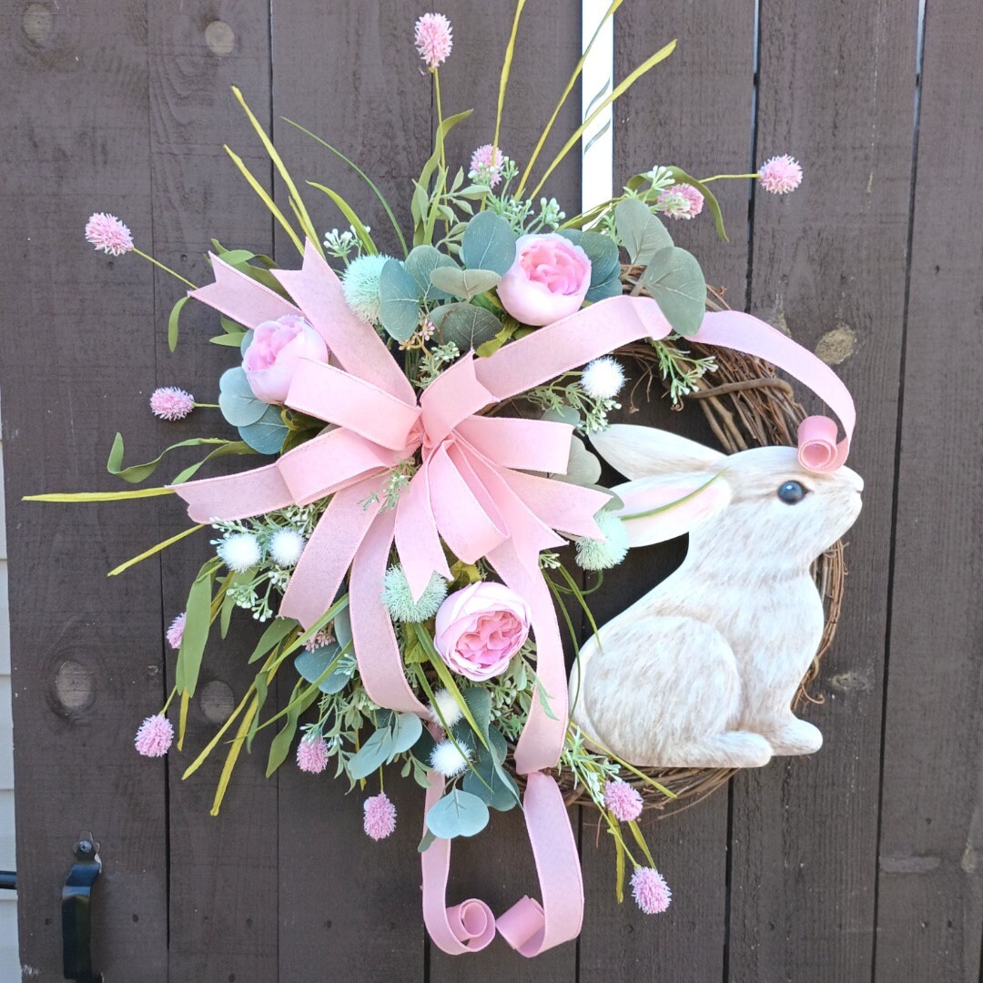 Elegant Spring Bunny Silk Floral Grapevine Wreath for Front Door ...