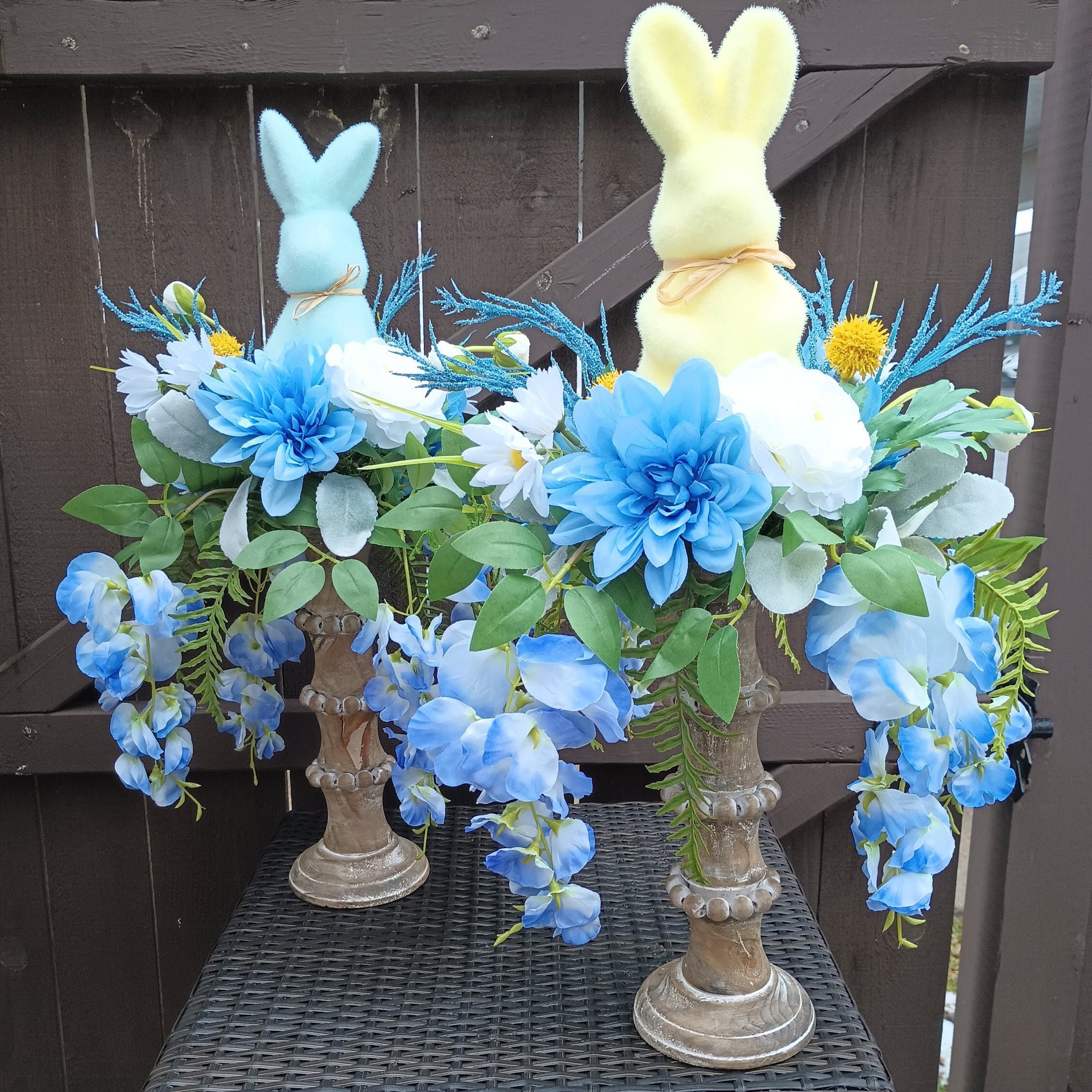 Flocked Spring Easter Bunny Tall Candlestick Mantle Arrangement, Blue ...