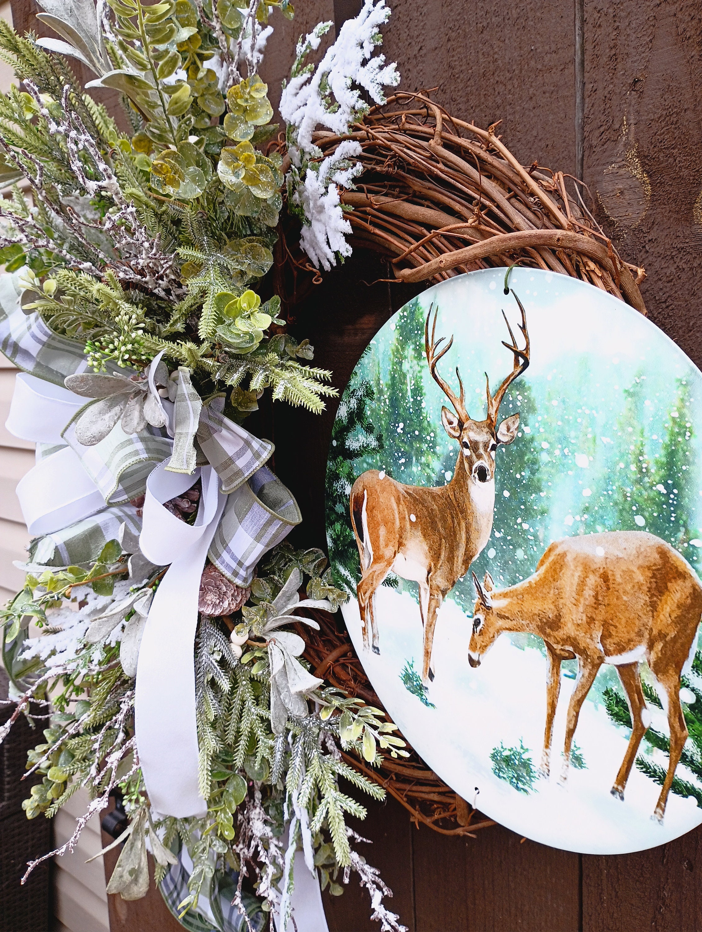 Rustic Snowy Winter Deer Wreath for Front Door, Icy Woodland Forest Pinecone Mantle Decor ...