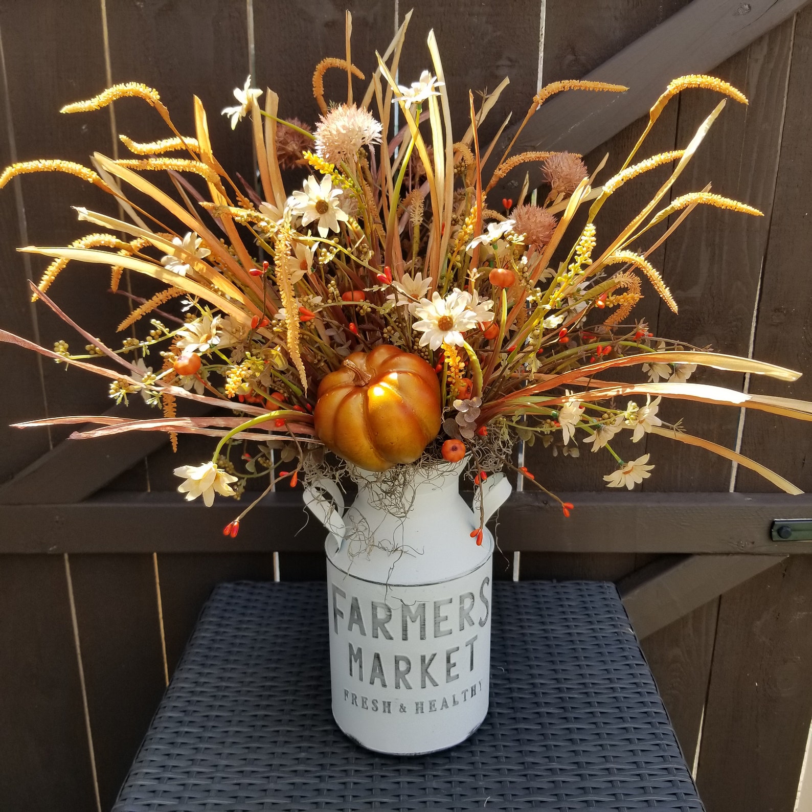 Fall Farmhouse Milk Jug and Pumpkin Rustic Table Arrangement, Fall ...